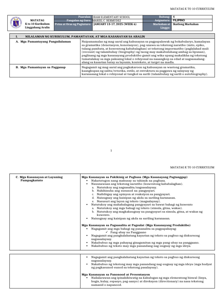 DLL Matatag - Filipino 4 Q3 W6 | PDF