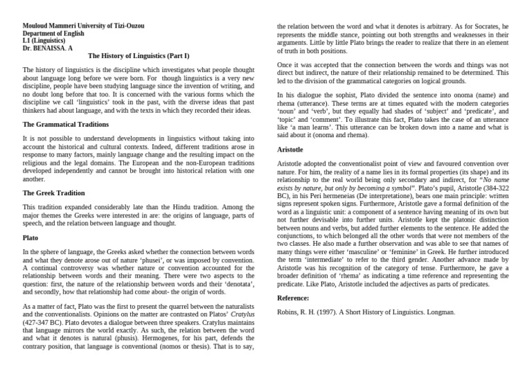 History of Linguistics: Greek Tradition | PDF | Plato | Grammatical Gender