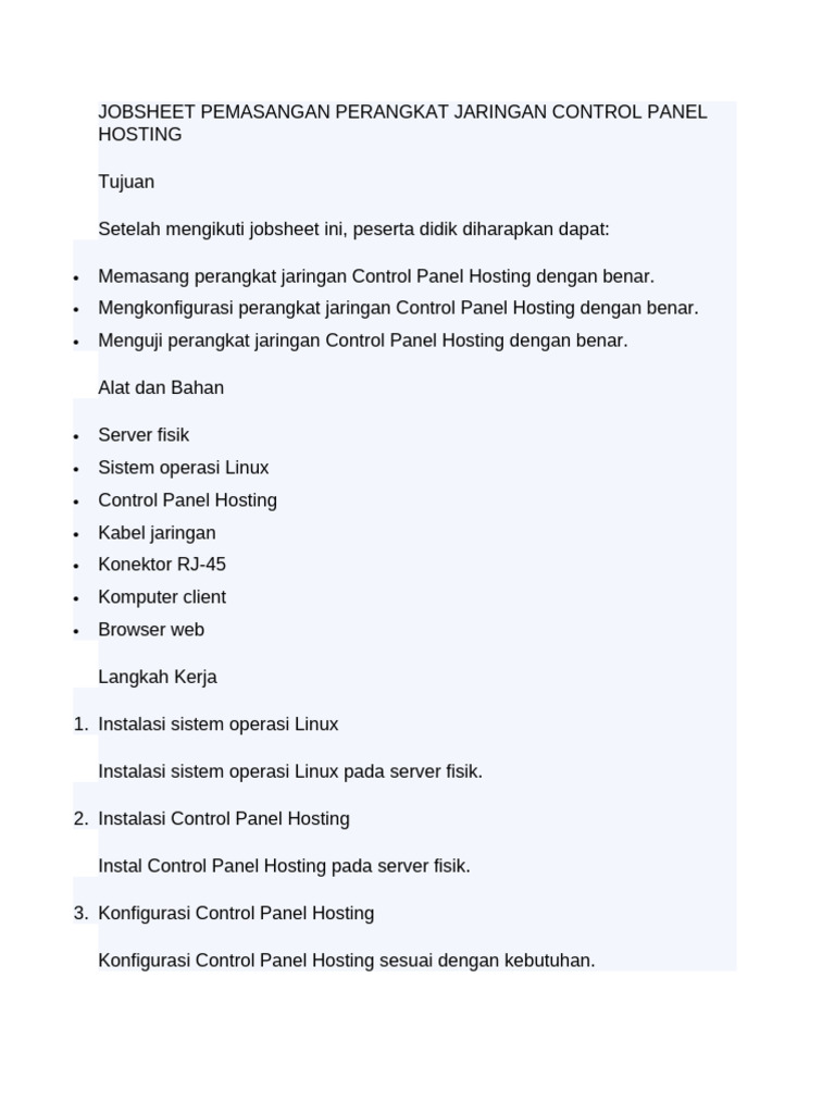 Jobsheet Pemasangan Perangkat Jaringan Control Panel Hosting | PDF