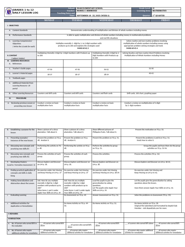 DLL_MATHEMATICS 4_Q1_W4 | PDF | Learning | Multiplication