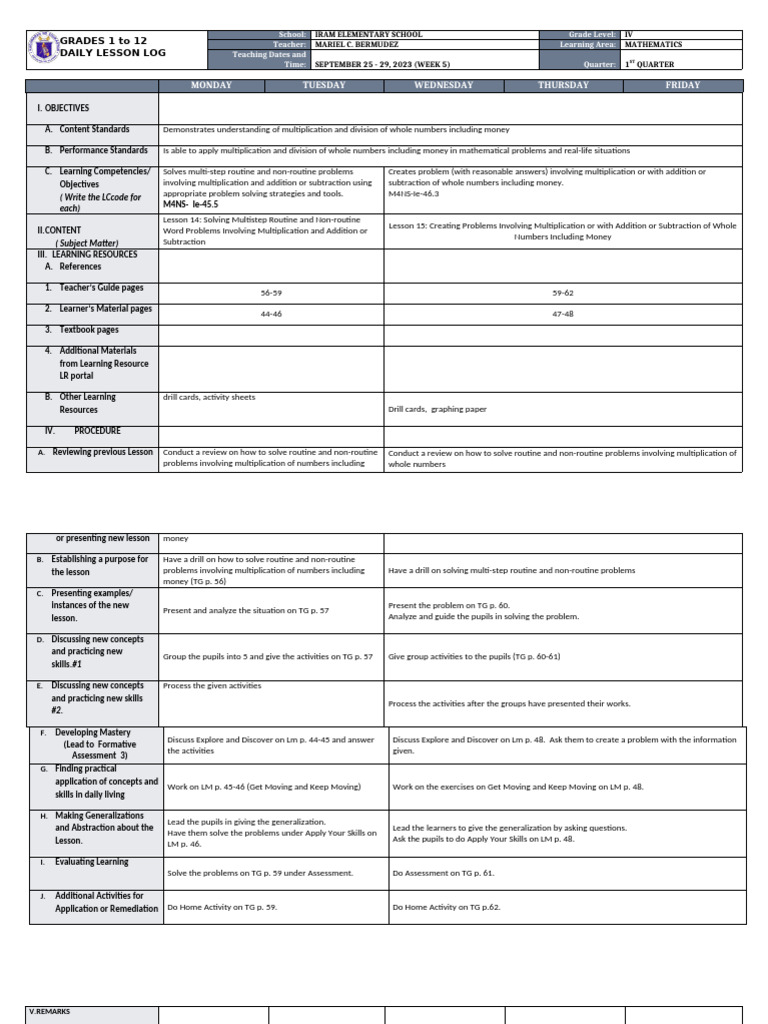 DLL - Mathematics 4 - Q1 - W5 | PDF | Learning | Human Communication