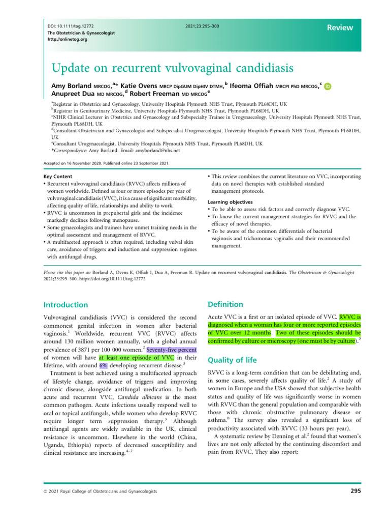 Recurrent Vulvovaginal Candidiasis - SSW | PDF | Candidiasis | Health ...