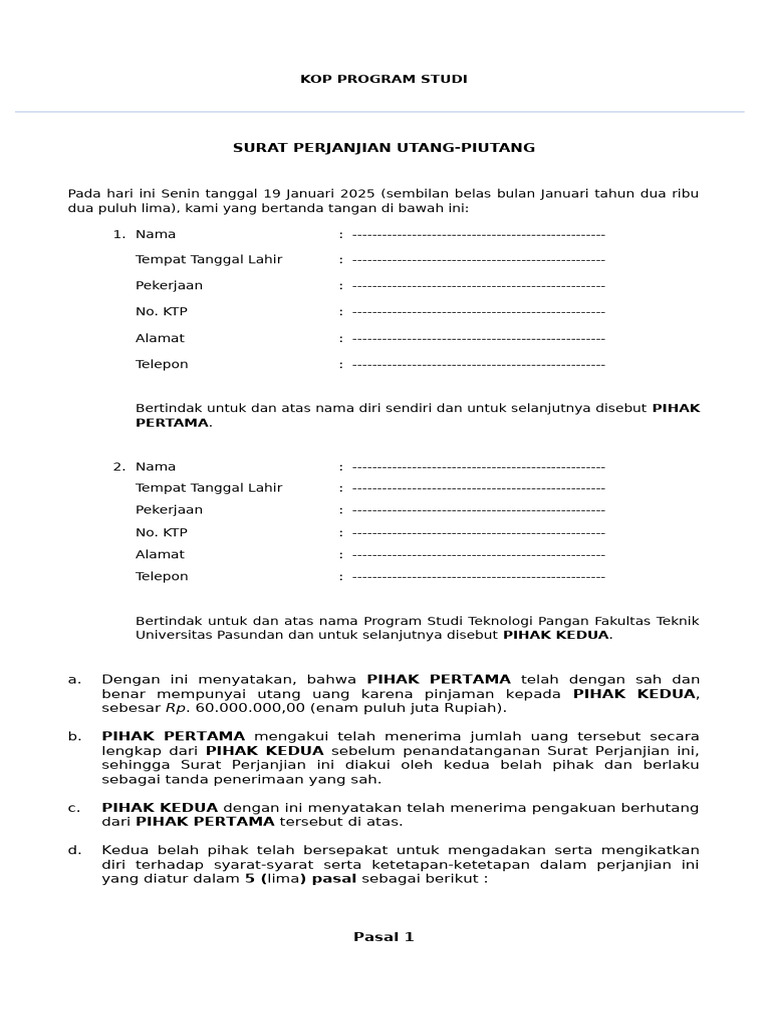 Surat Perjanjian Pembayaran Hutang | PDF