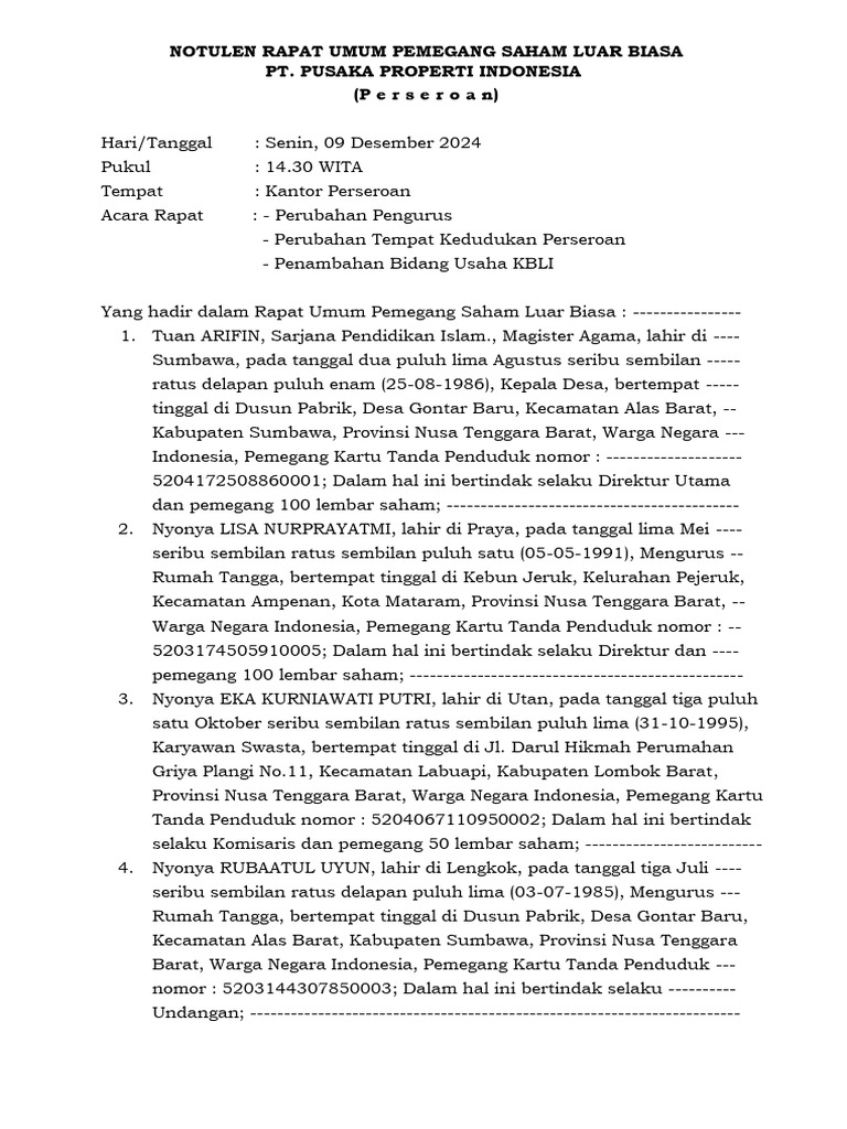 RUPS Luar Biasa PT Pusaka Properti: Perubahan Pengurus dan KBLI | PDF