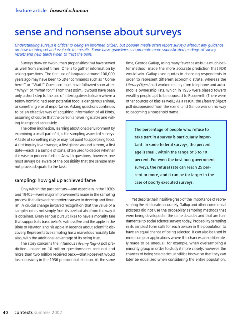 Schuman2002 Sense Nonsense Surveys | PDF | Survey Methodology | Sampling (Statistics)
