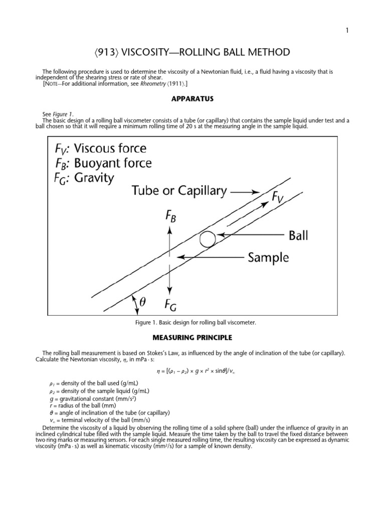 〈913〉 Viscosity-Rolling Ball Method | PDF | Viscosity | Liquids