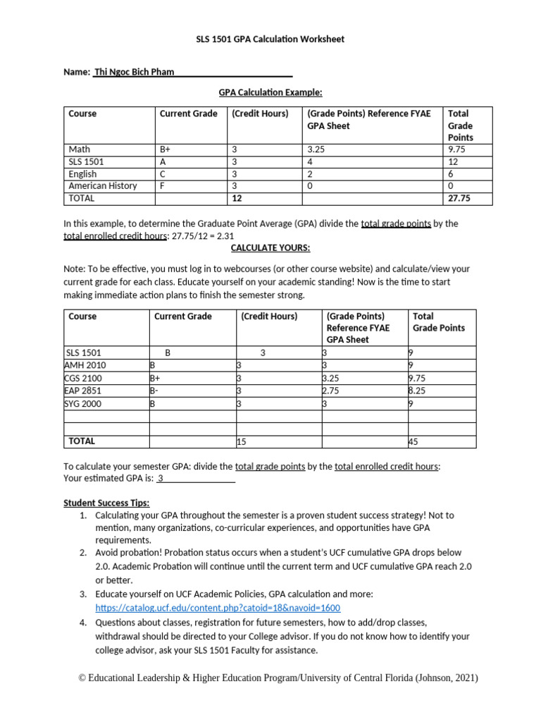 SLS 1501 GPA Calculation Worksheet | PDF | Course Credit | Students