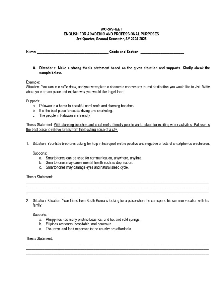 Thesis Statement Worksheet for Students | PDF | Thesis