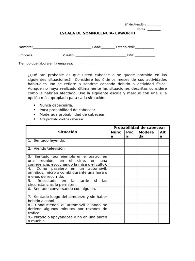Cuestionario de Somnolencia Epworth | PDF