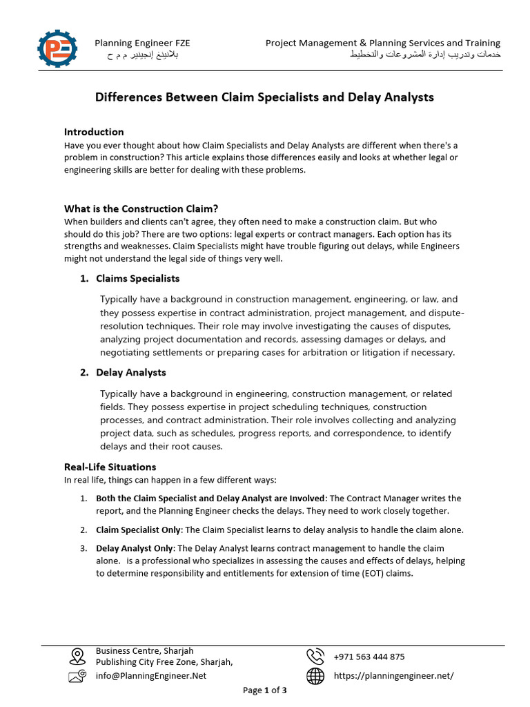 ARE-Differences Between Claim Specialists and Delay Analysts | PDF | Project Management