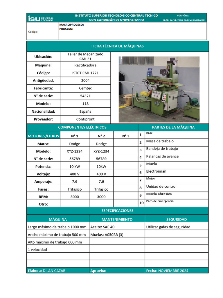 Ficha Técnica de Máquinas | PDF