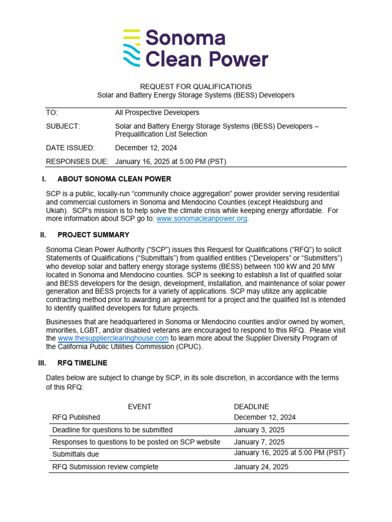 RFQ Sonoma Clean Power Solar Plus BESS Developers | PDF | Justice ...