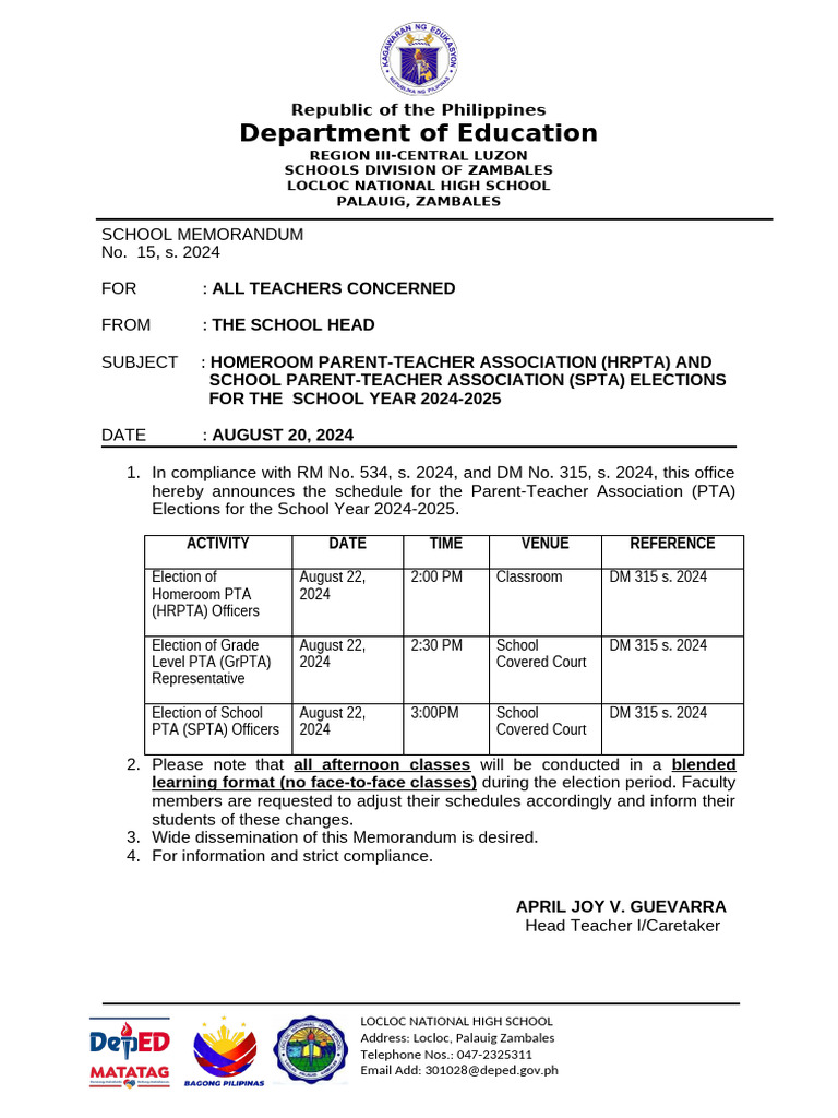 Shool Memo No. 15 2024 - HRPTA Election | PDF