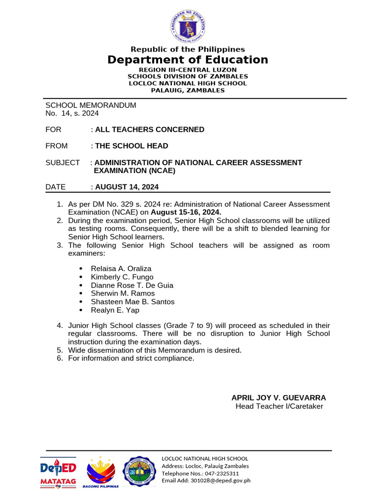 Shool Memo No. 14 2024 - NCAE | PDF