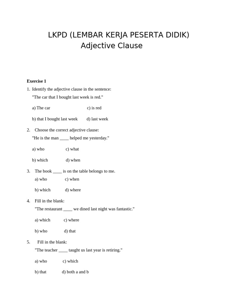Adjective Clause Exercises | PDF | Grammar | Syntax