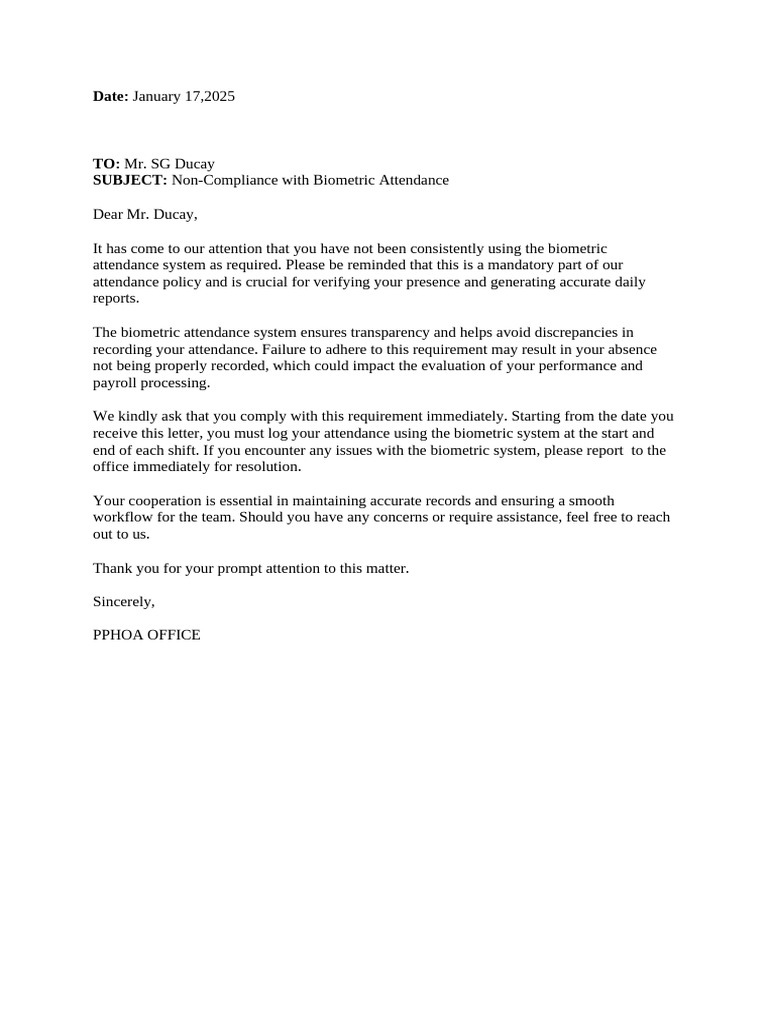 Memo For Non Compliance of Biometric System | PDF