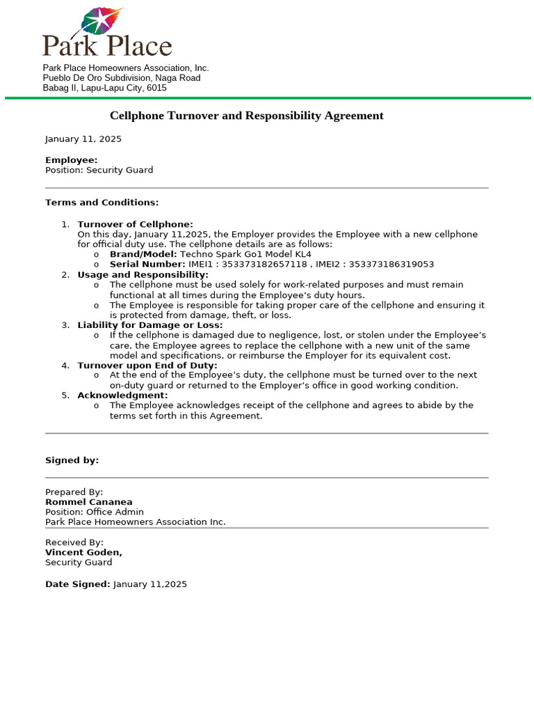 CELLPHONE TURNOVER AGREEMENT | PDF