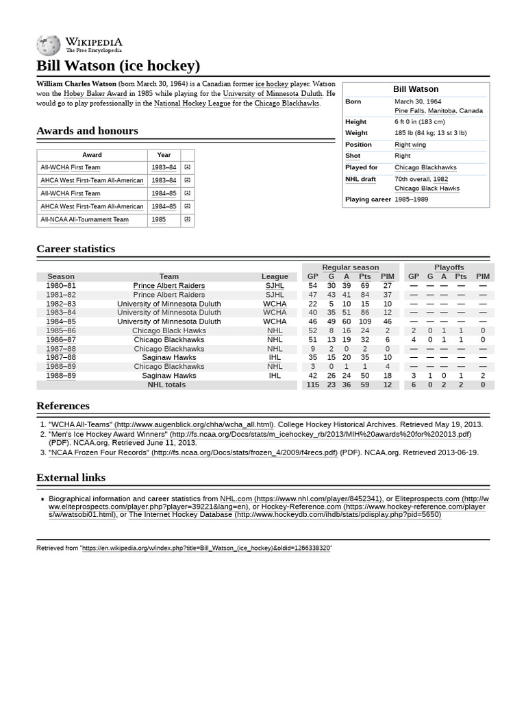 Bill Watson (Ice Hockey) | PDF | Chicago Blackhawks | Sports