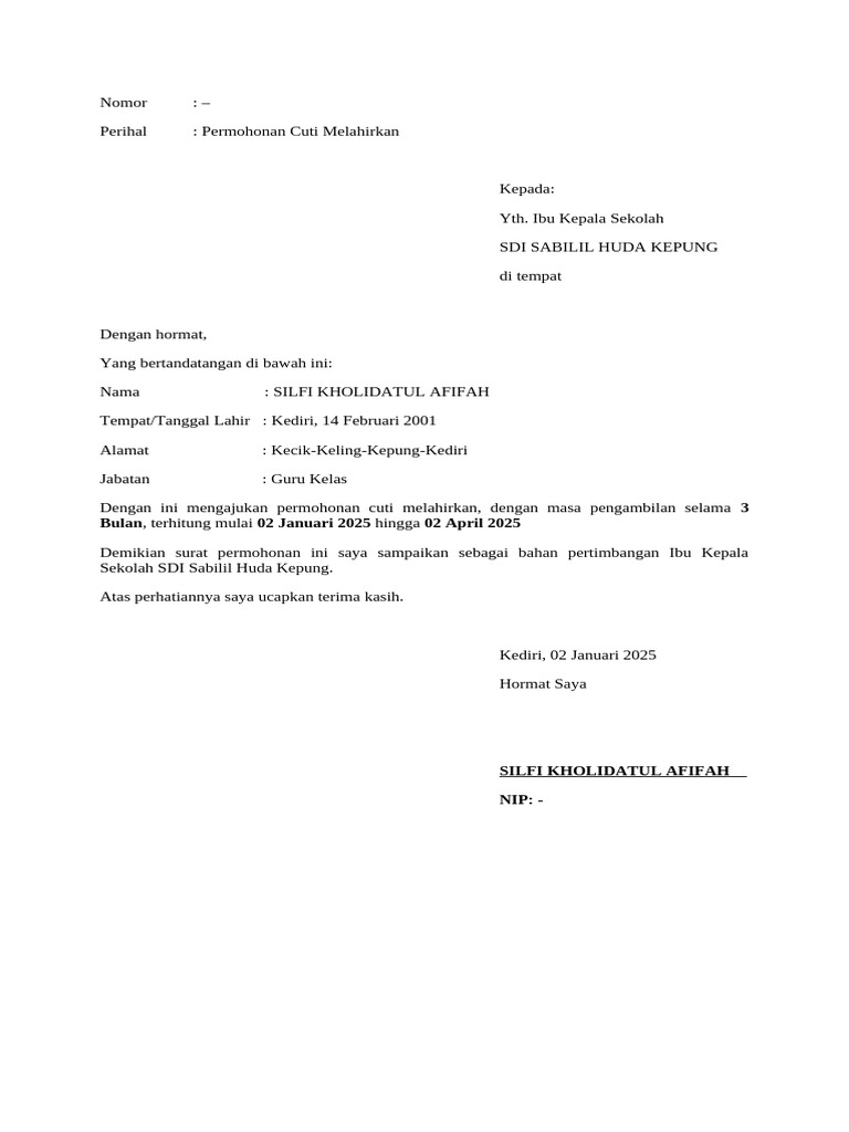 Surat Permohonan Izin Cuti Melahirkan | PDF