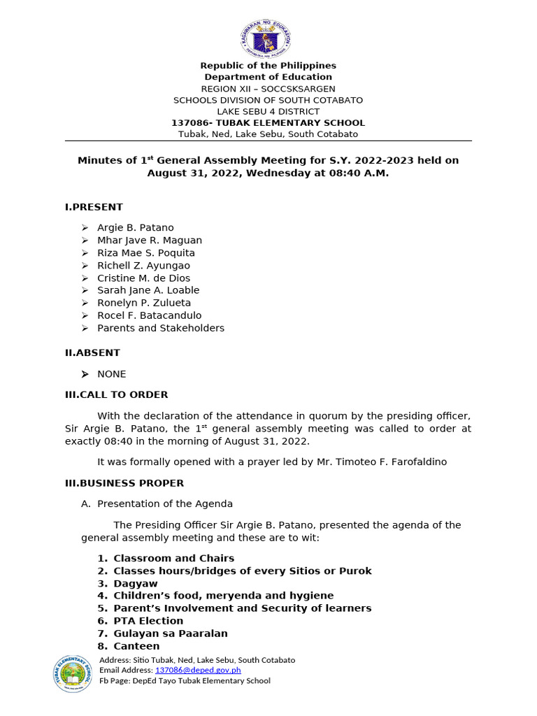Minutes of 1st General Assembly Meeting | PDF