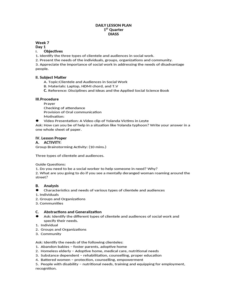 DIASS lesson plan in DIASS WEEK 7 | PDF | Social Work | Foster Care