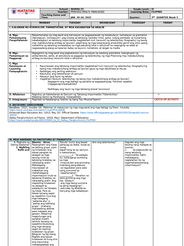 DLL_FILIPINO 4_Q3 W5 FINAL | PDF