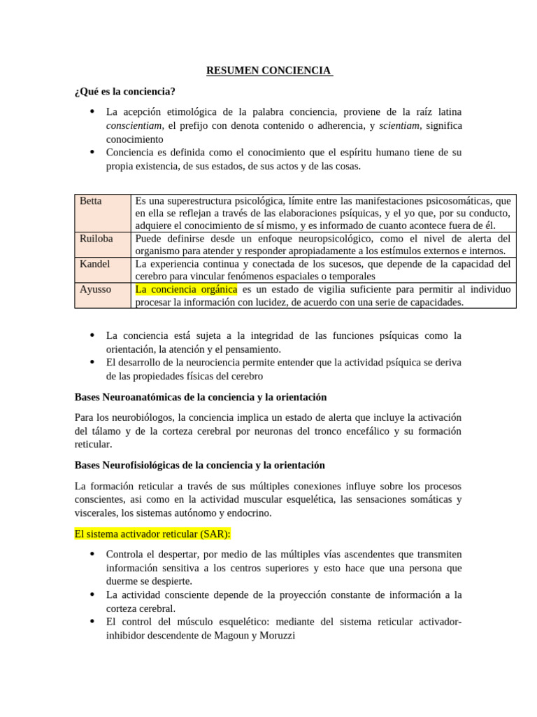 Resumen Conciencia | PDF | Conciencia | Cerebro