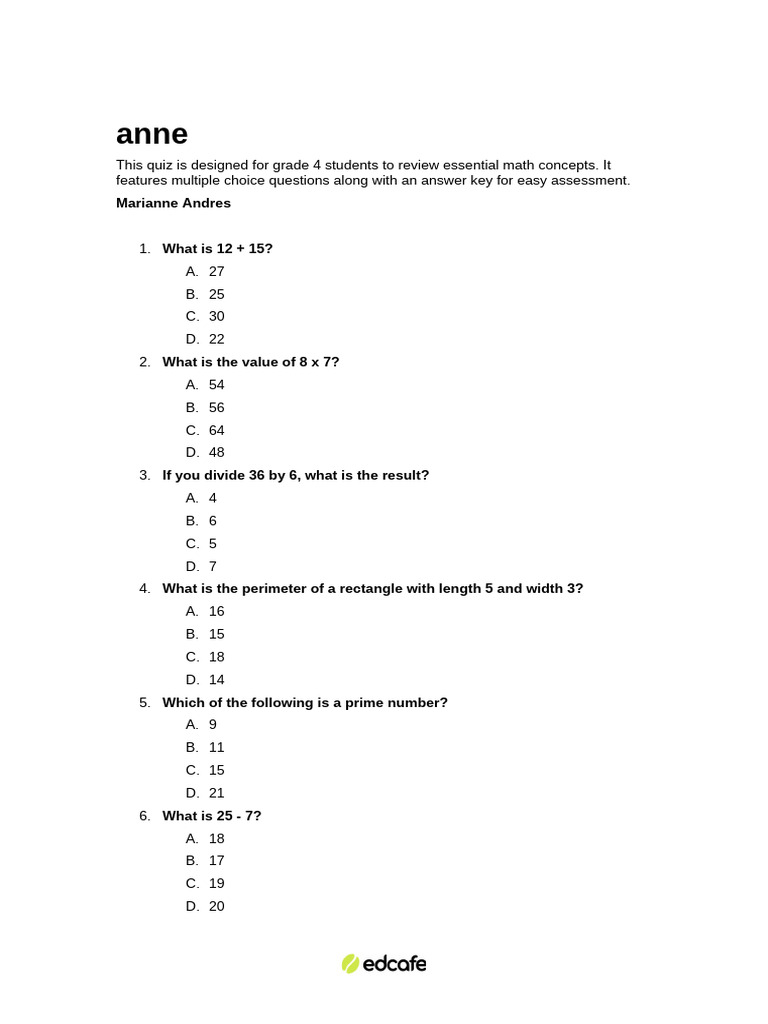 Grade 4 Math Quiz with Answers | PDF