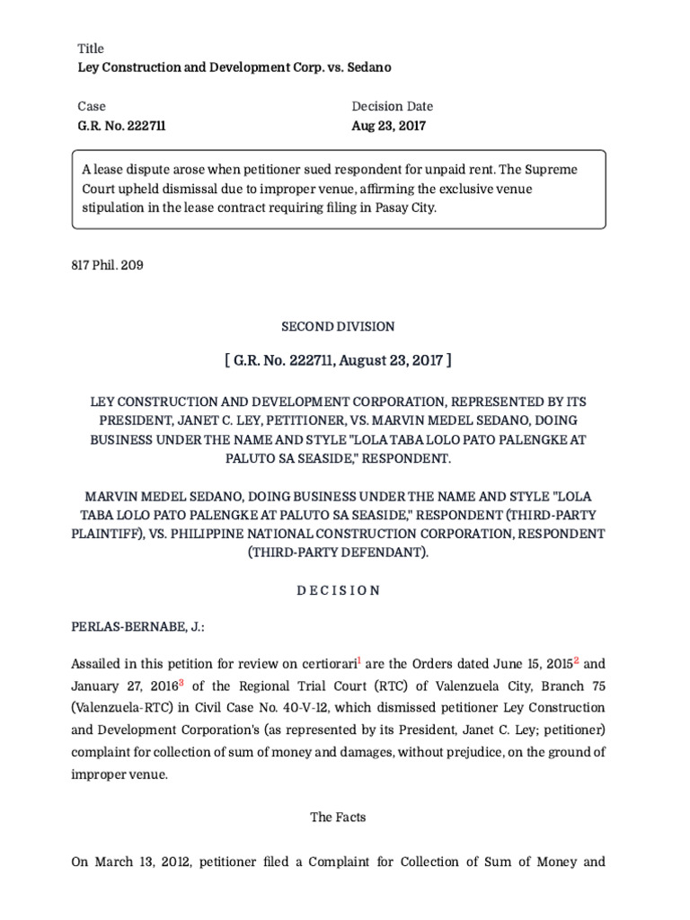 Ley Construction and Development Corp. vs. Sedano | PDF | Lawsuit | Complaint