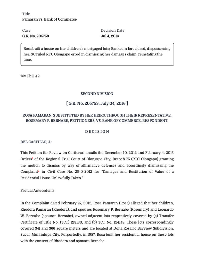 Pamaran v. Bank of Commerce Case Summary | PDF | Demurrer | Justice