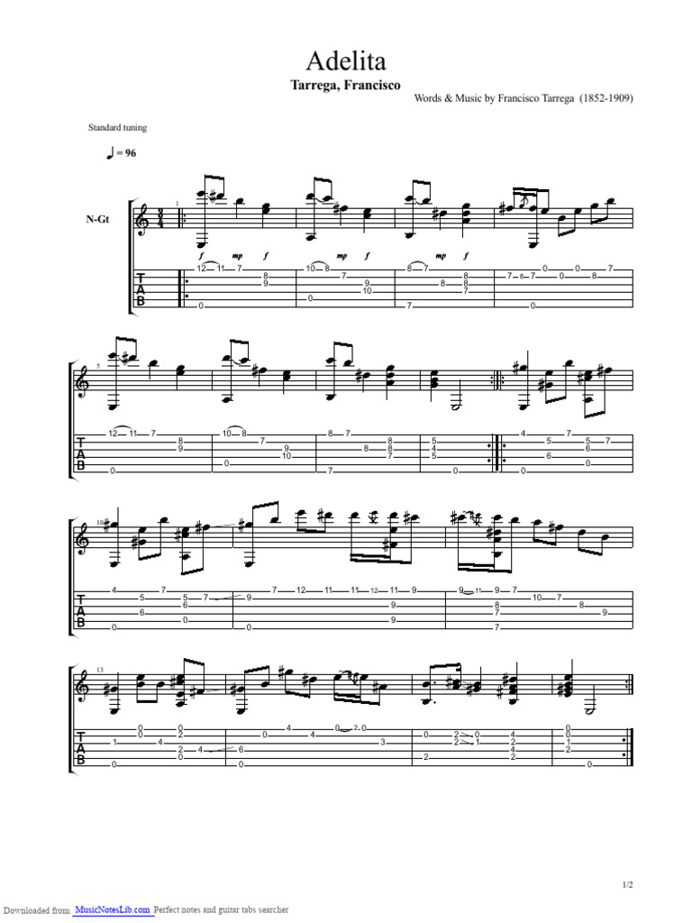 Francisco Tarrega's Adelita Tabs | PDF | Pitch (Music) | Irish Musical ...