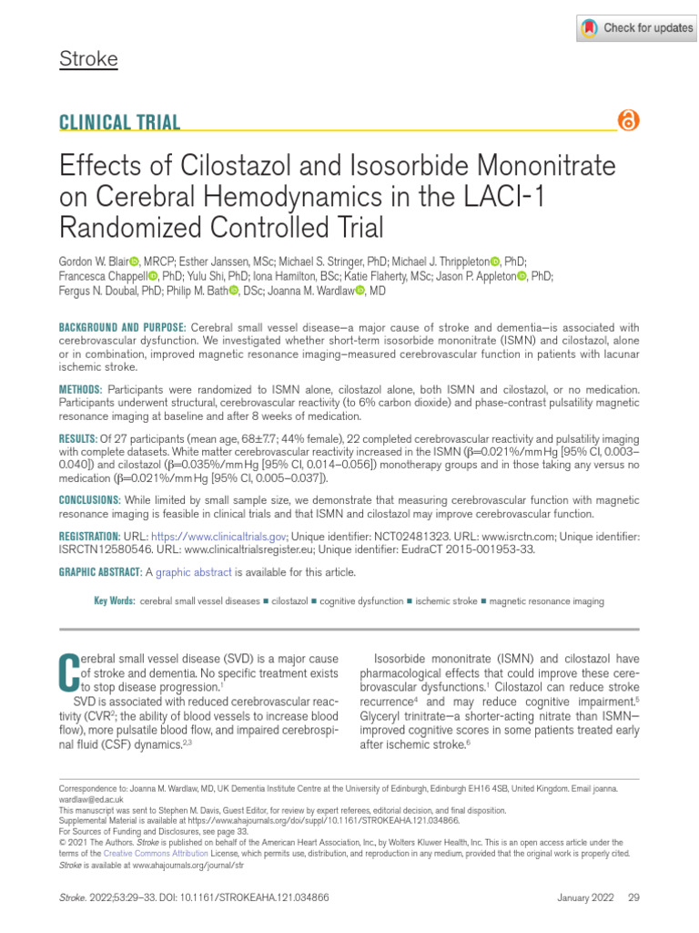 Blair Et Al 2021 Effects of Cilostazol and Isosorbide Mononitrate On Cerebral Hemodynamics in ...