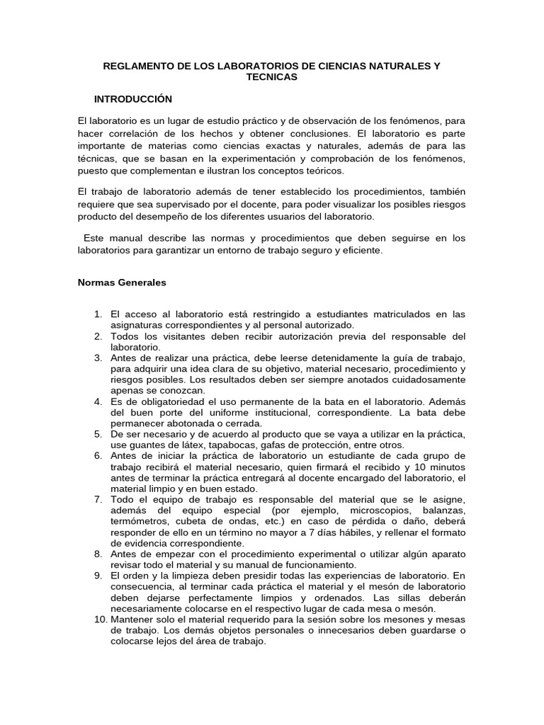 Reglamento de Los Laboratorios de Ciencias Naturales y Tecnicas | PDF ...