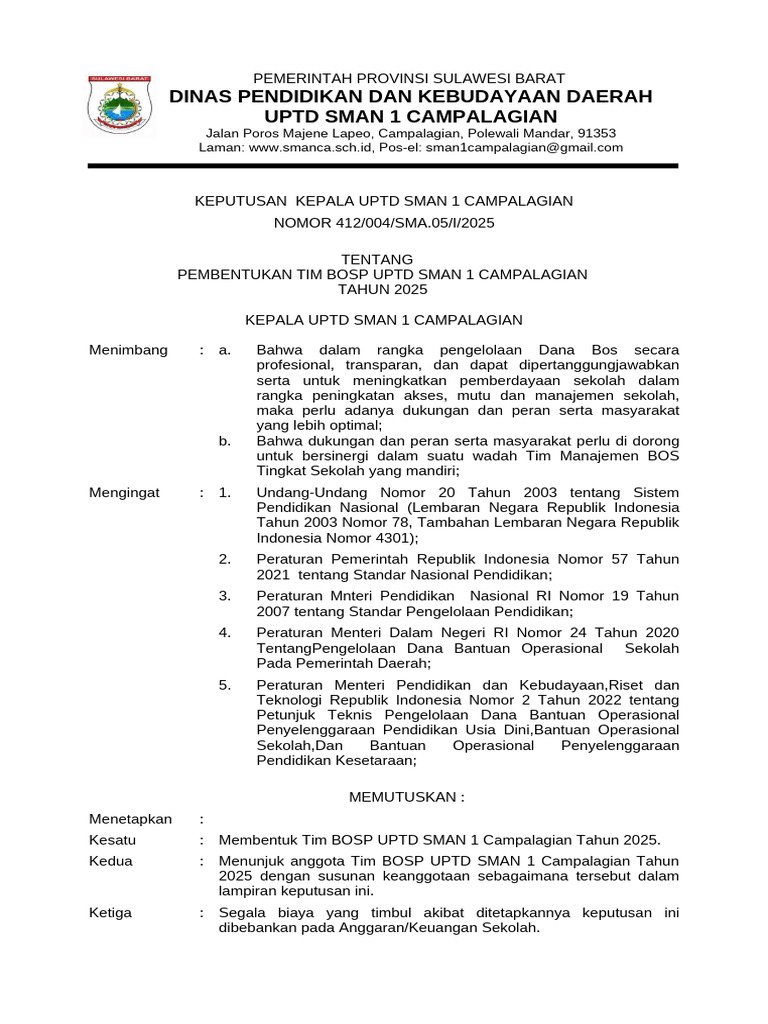 Pembentukan Tim BOSP 2025 SMAN 1 Campalagian | PDF