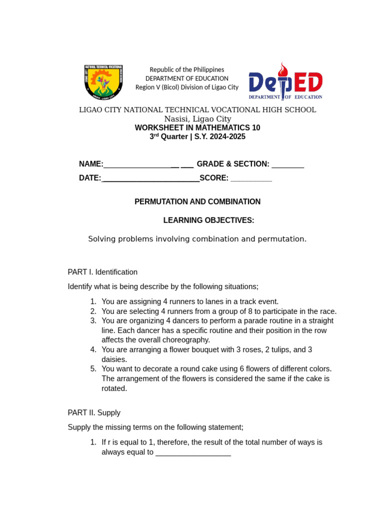 Grade 10 Worksheet | PDF | Permutation | Fruit