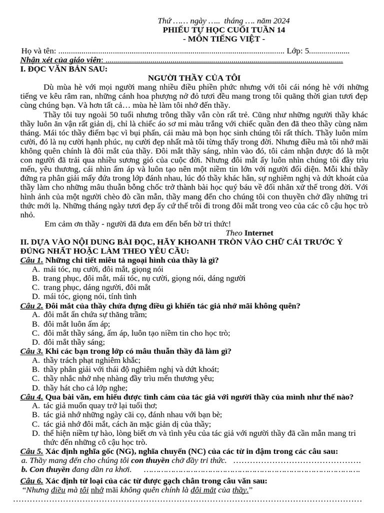 K5 - TV - Phiếu Cuối Tuần 14 | PDF