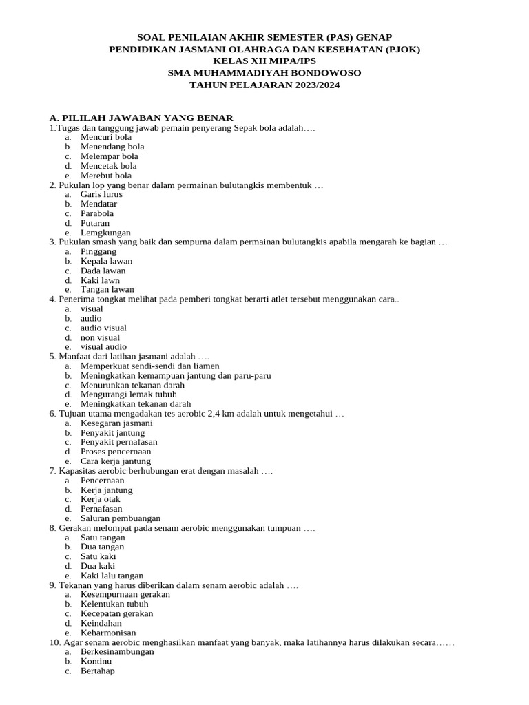 Pas Kelas Xii Penjas 2023 | PDF