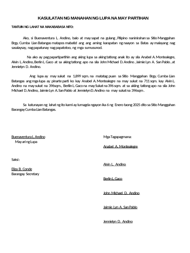 Kasulatan NG Manahan NG Lupa Na May Partihan | PDF