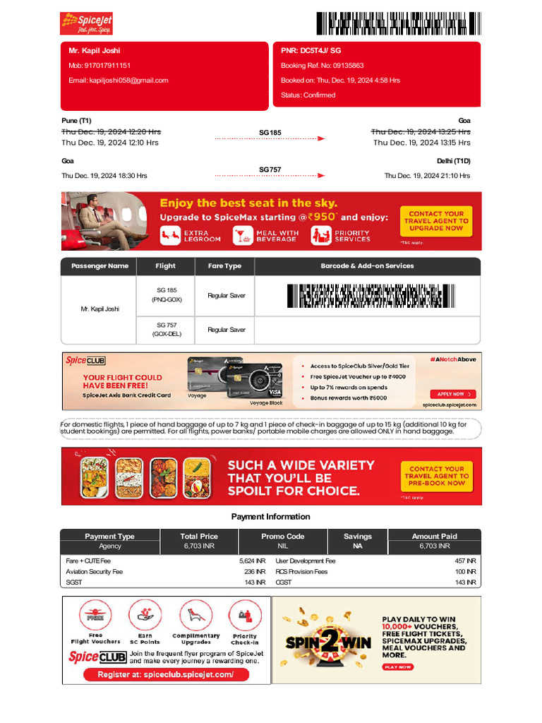 SpiceJet - E-Ticket - PNR - DC5T4J 19 Dec 2024 Pune-Goa For MR. COM ...