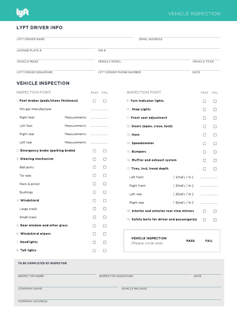 Lyft Vehicle Inspection Form Illinois Minnesota Washington | PDF