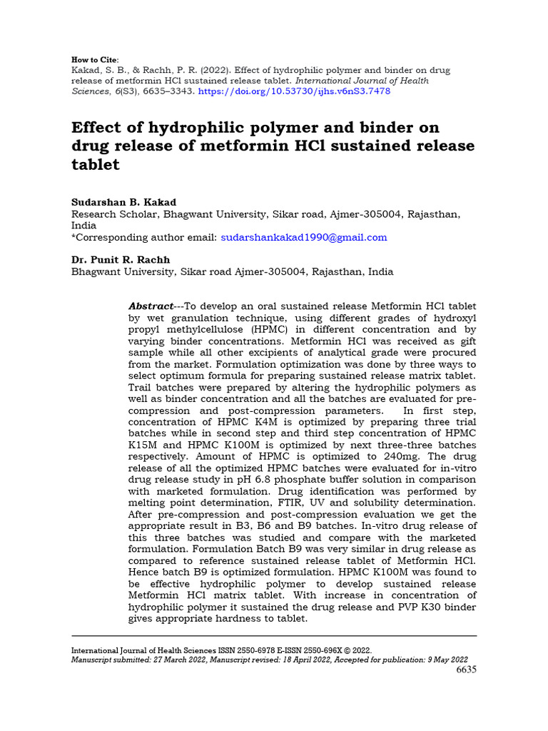 Effect of Hydrophilic Polymer and Binder 4b9721fd | PDF | Tablet (Pharmacy) | Pharmaceutical ...