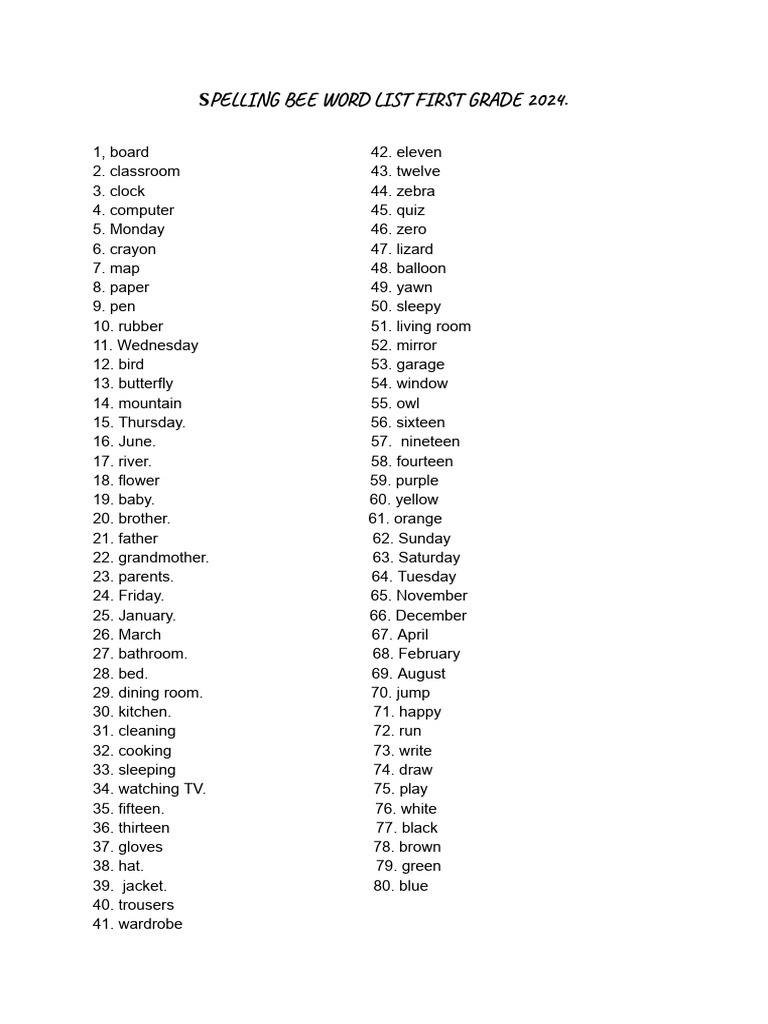 First Grade Spelling Bee Words 2024 | PDF