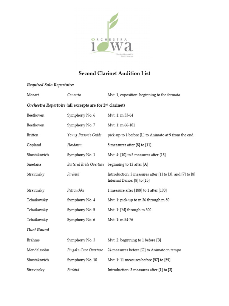 2nd Clarinet Audition List 2023 | PDF