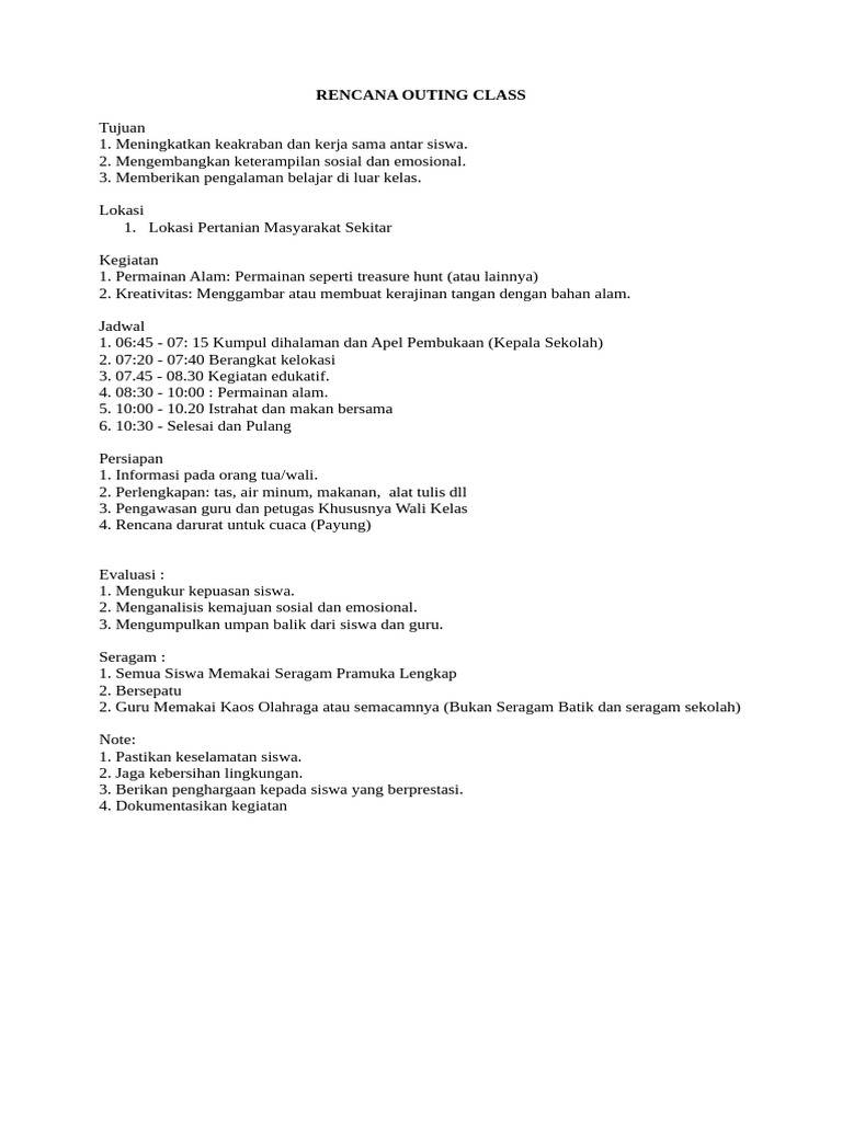 Rencana Outing Class | PDF