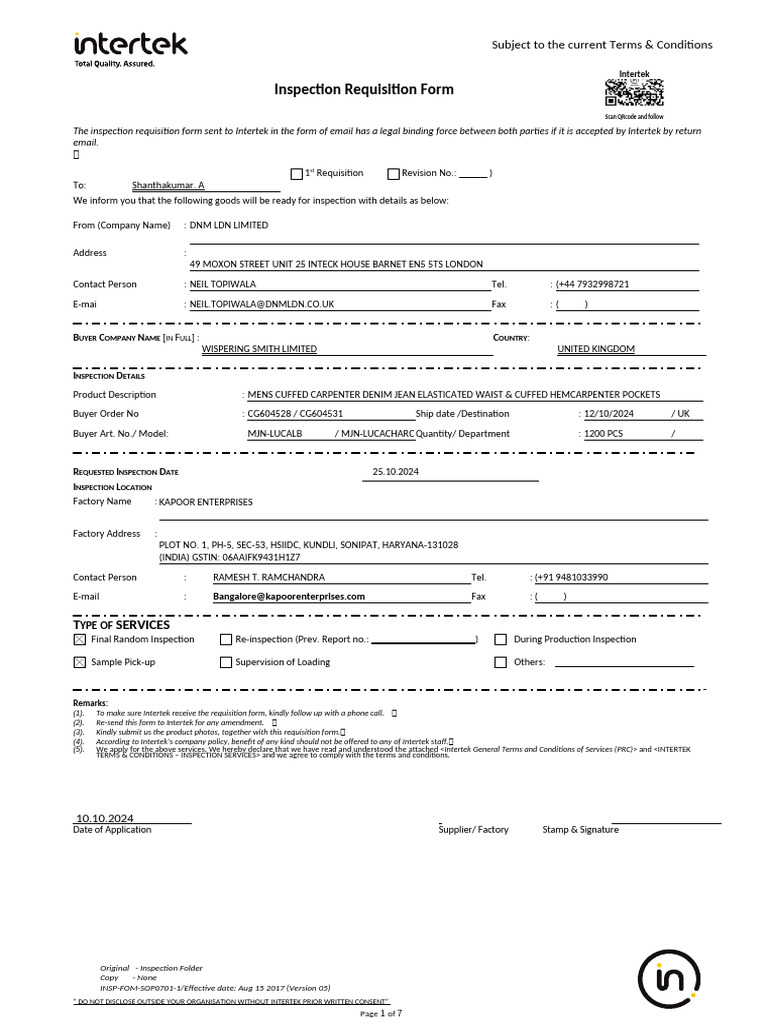 INSP FOM SOP0701 1 Inspection Requisition Form V05 Edit 1 | PDF | Legal ...