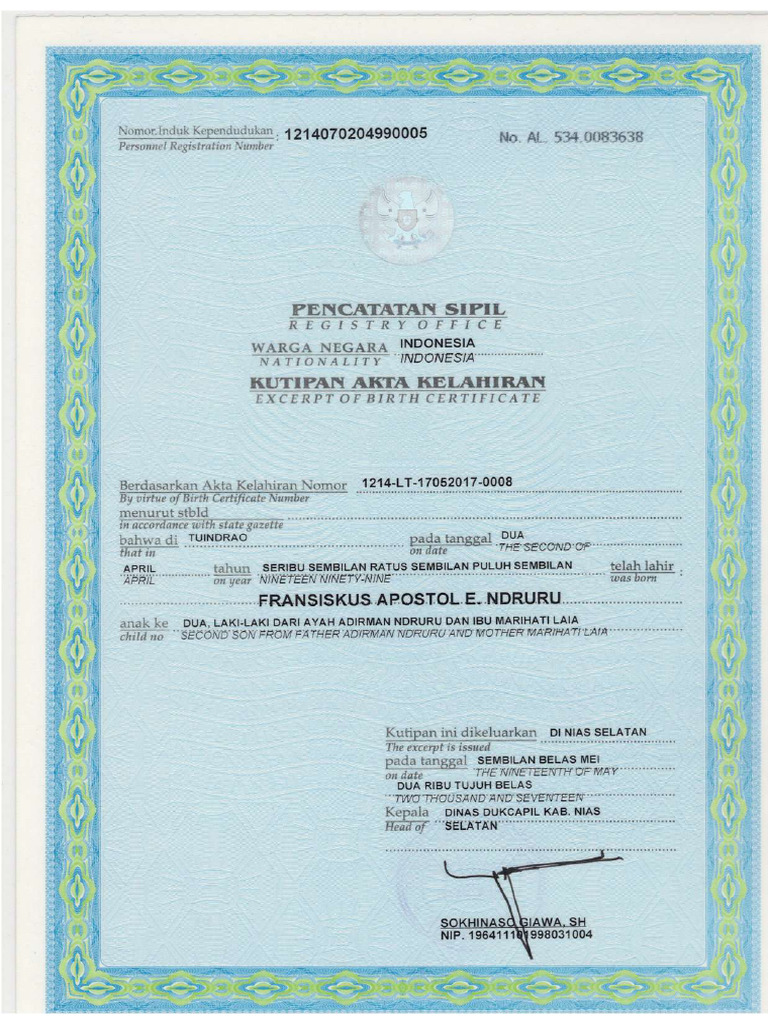 Akta Lahir Frans | PDF