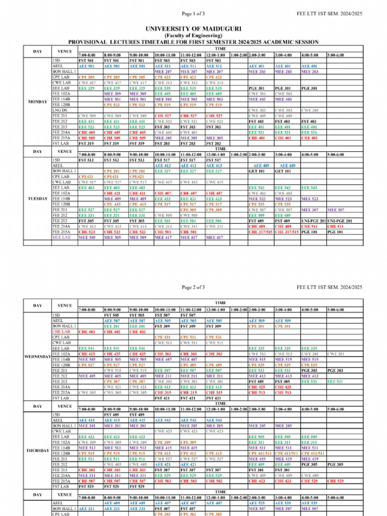 Faculty of Engineering Provisional Lecture Timetable First Sem. 2023-2024 | PDF