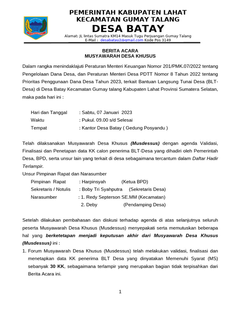 01 Format Berita Acara Penetapan KPM BLT 2023 | PDF