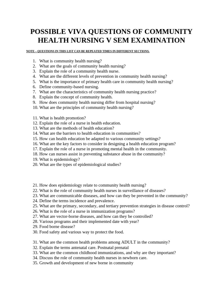 Possible Viva Questions of Community Health Nursing V Sem Examination ...