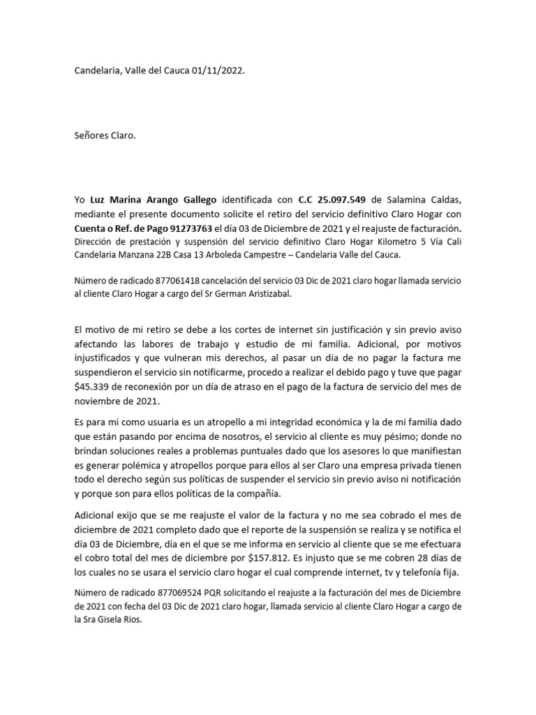 Carta Ref Cancelación de Servicio Claro | PDF